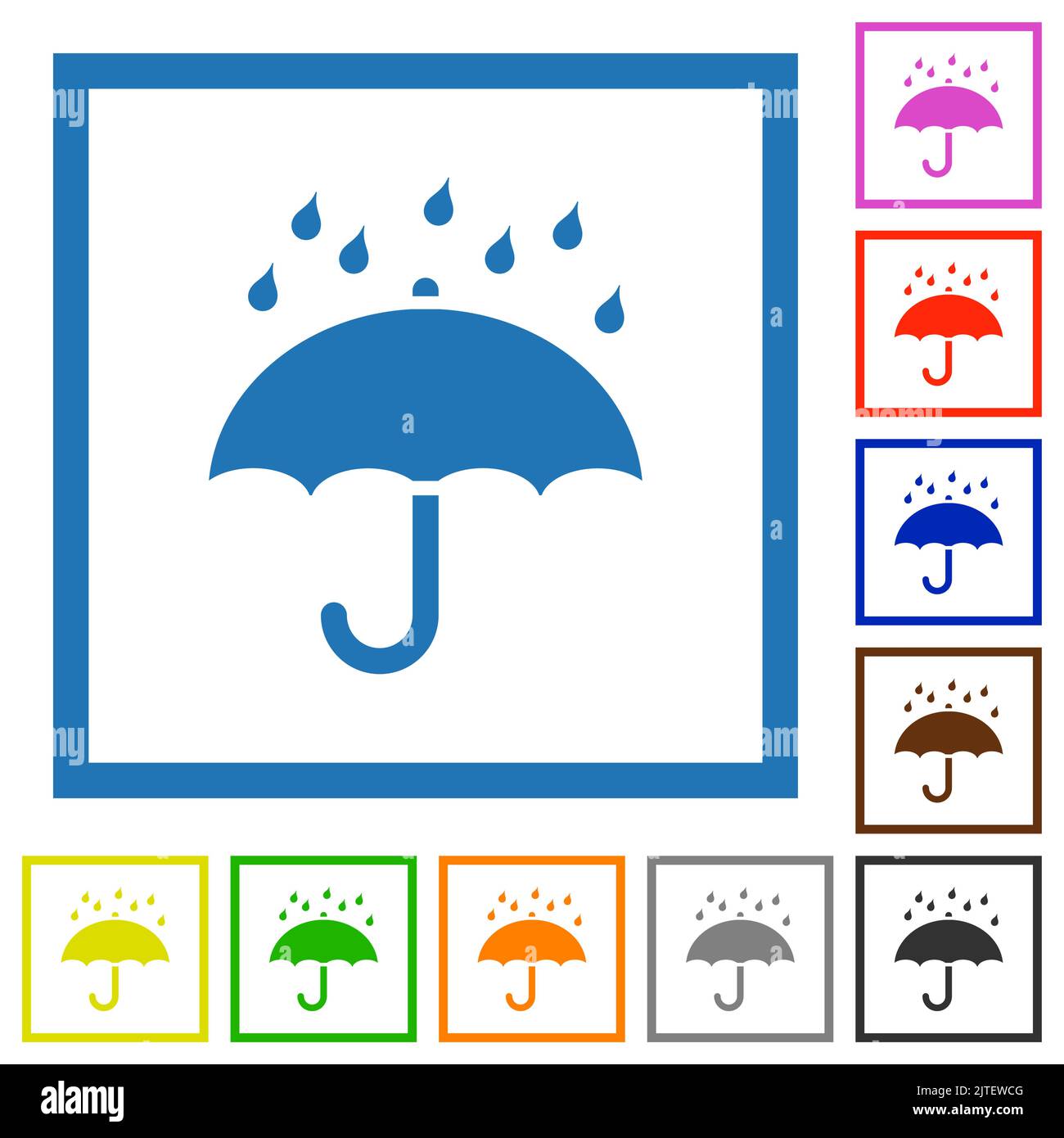 Umbrella with rain solid flat color icons in square frames on white ...