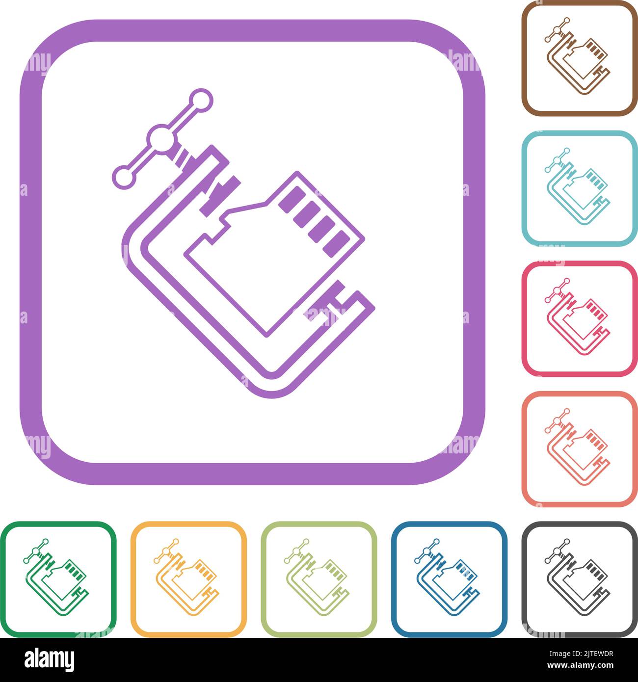 Micro sd memory card compress outline simple icons in color rounded square frames on white ...