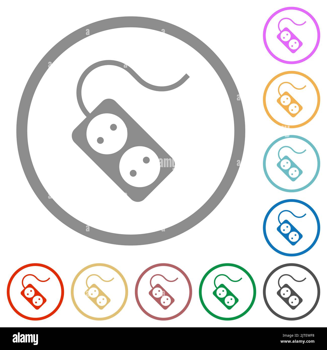 Portable electrical outlet with two sockets and cord solid flat color icons in round outlines on ...