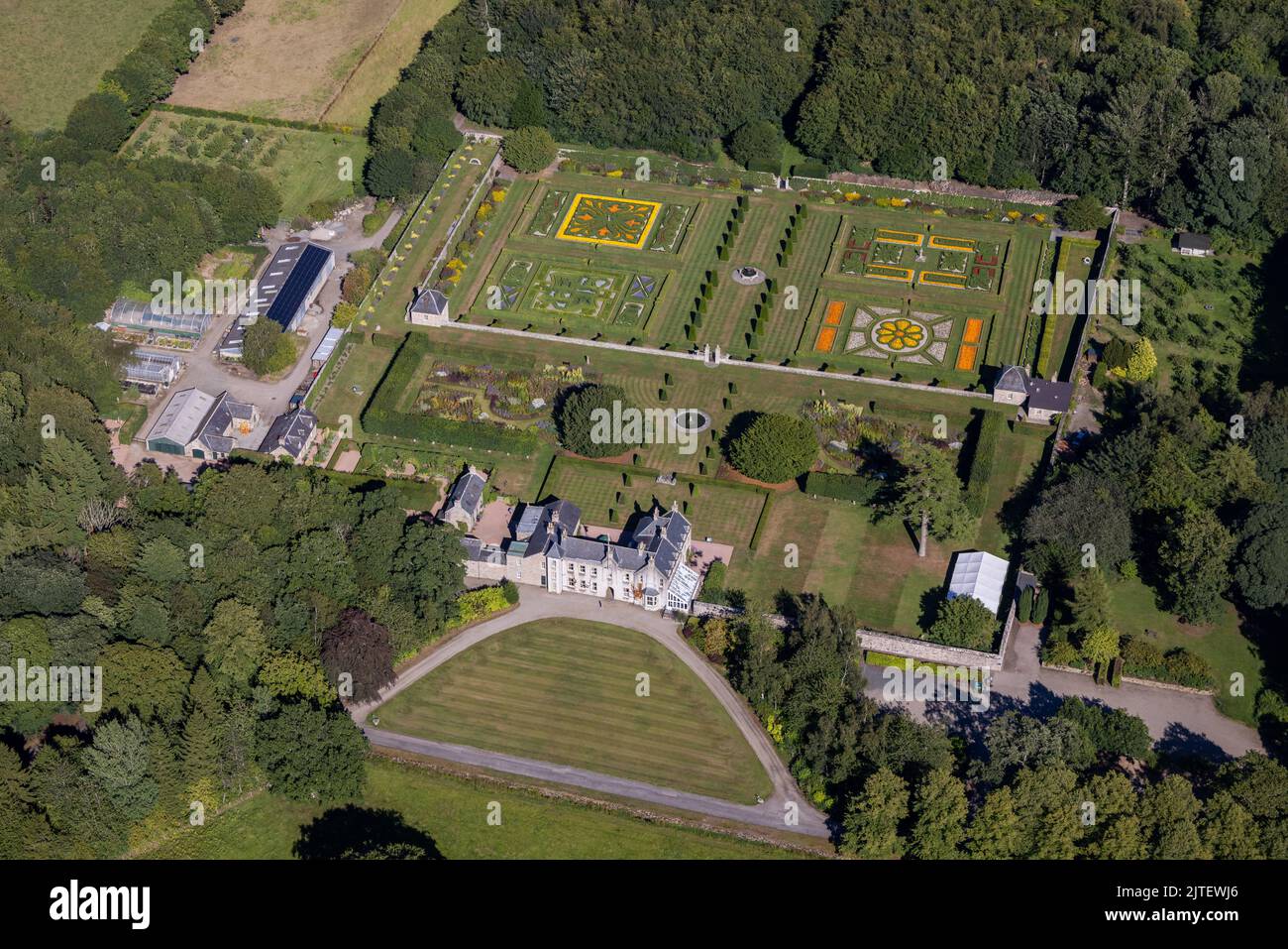 Aerial photograph of Pitmedden Garden, this historic garden is located ...