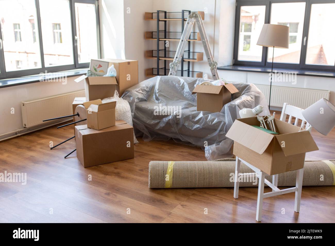 boxes with stuff at new home Stock Photo - Alamy