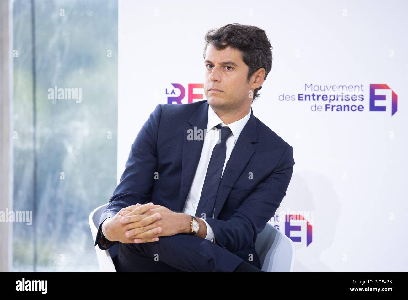 French Junior Minister for Public Accounts Gabriel Attal attends a session of the Medef Summer ...