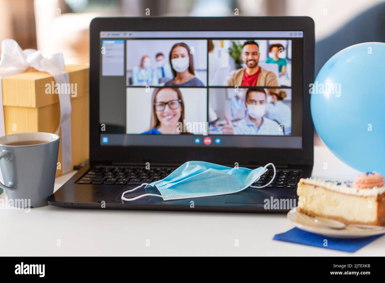 laptop with video call or online birthday party Stock Photo - Alamy