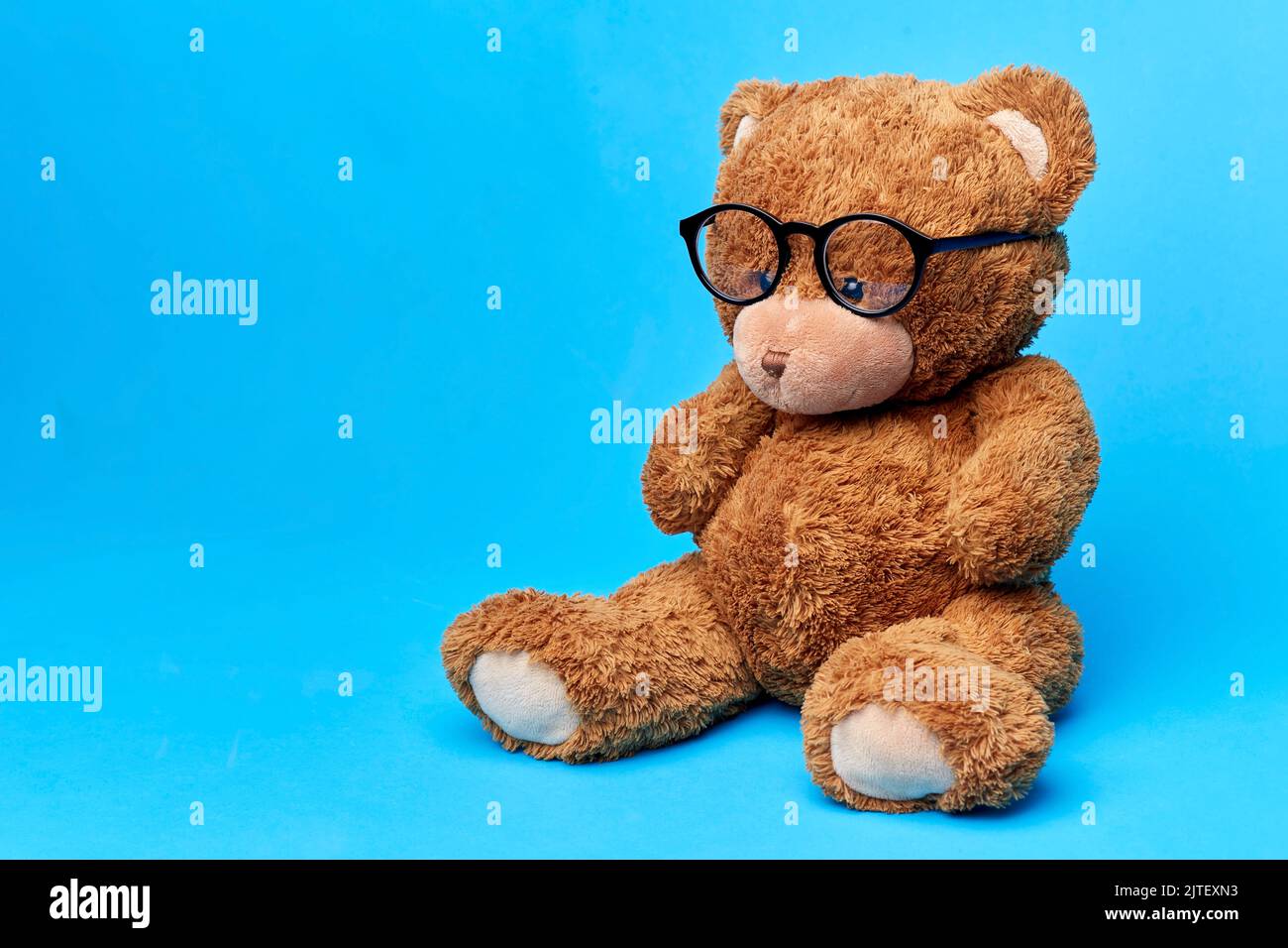 brown teddy bear toy in glasses on blue background Stock Photo - Alamy