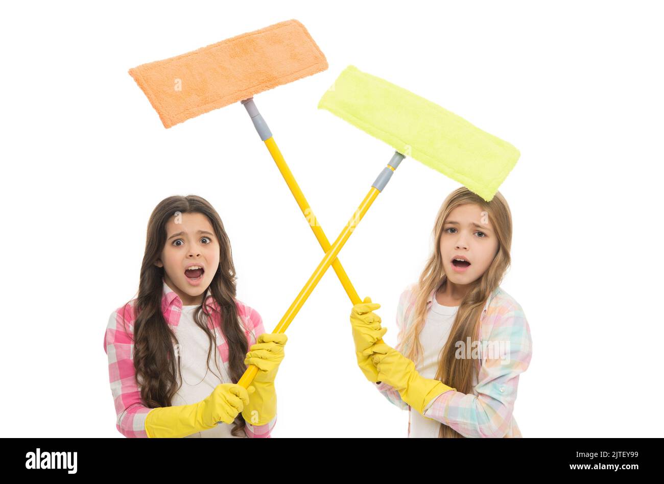 Tired of using a mop. Emotional little mop cleaners. Angry children ...