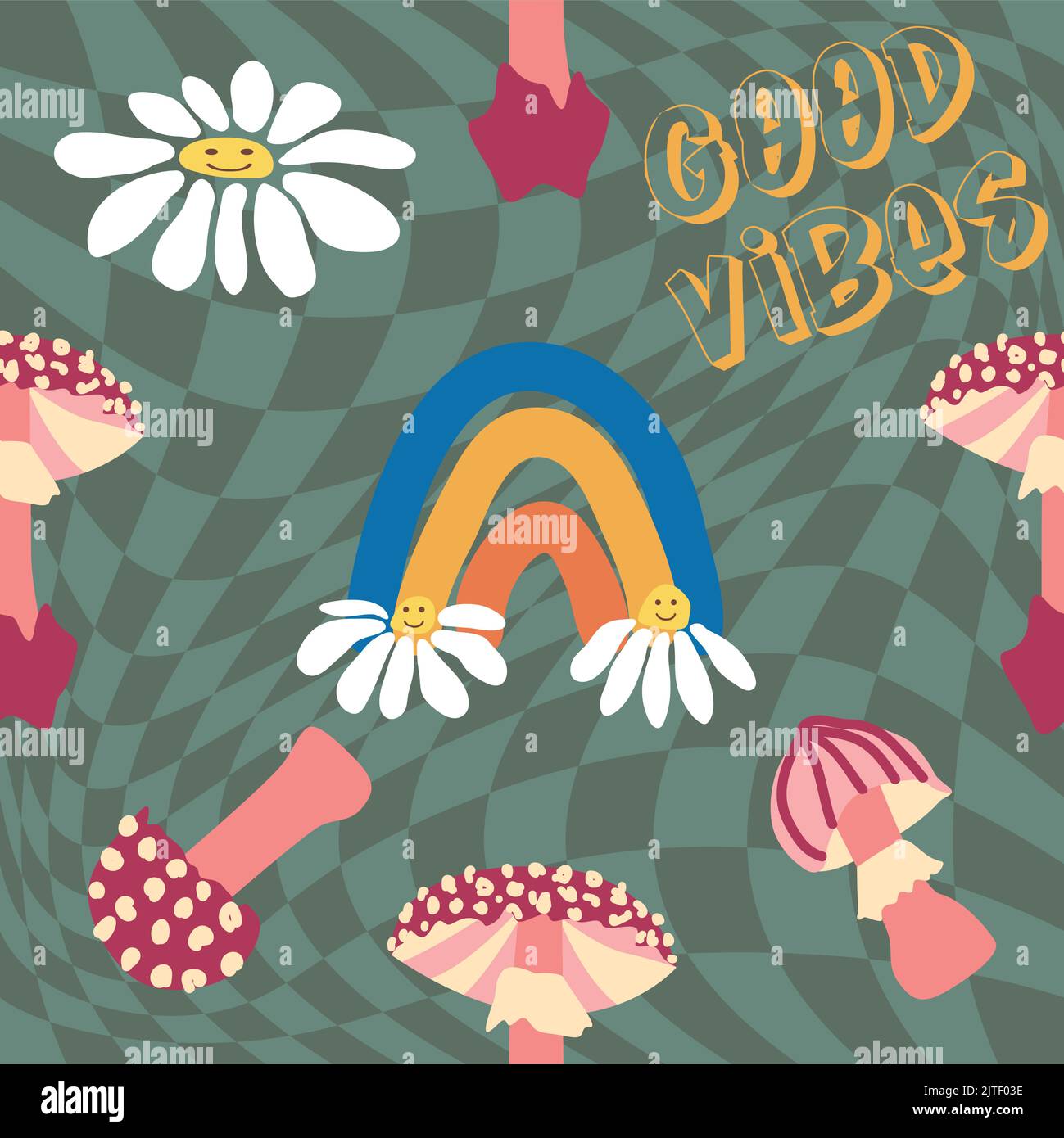 Magic psychedelic drug mushrooms, Chamomile, rainbow seamless pattern ...