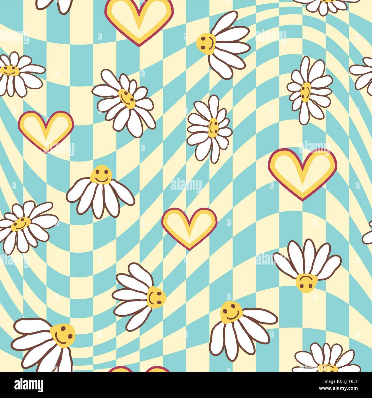 Retro Smile Chamomile Seamless Pattern on 1970 Wavy Swirl Pattern ...