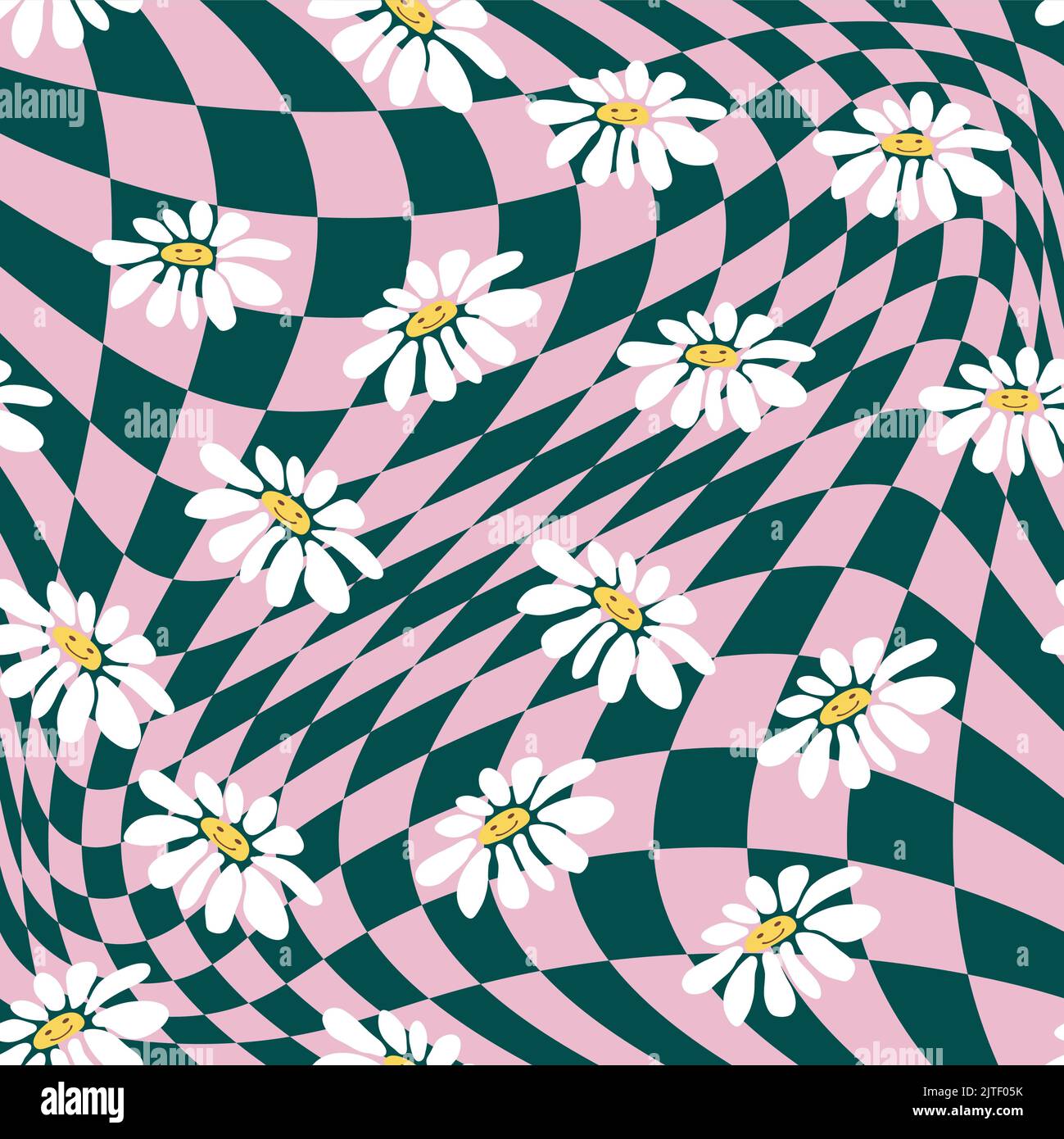 Retro Smile Chamomile Seamless Pattern on 1970 Wavy Swirl Pattern ...