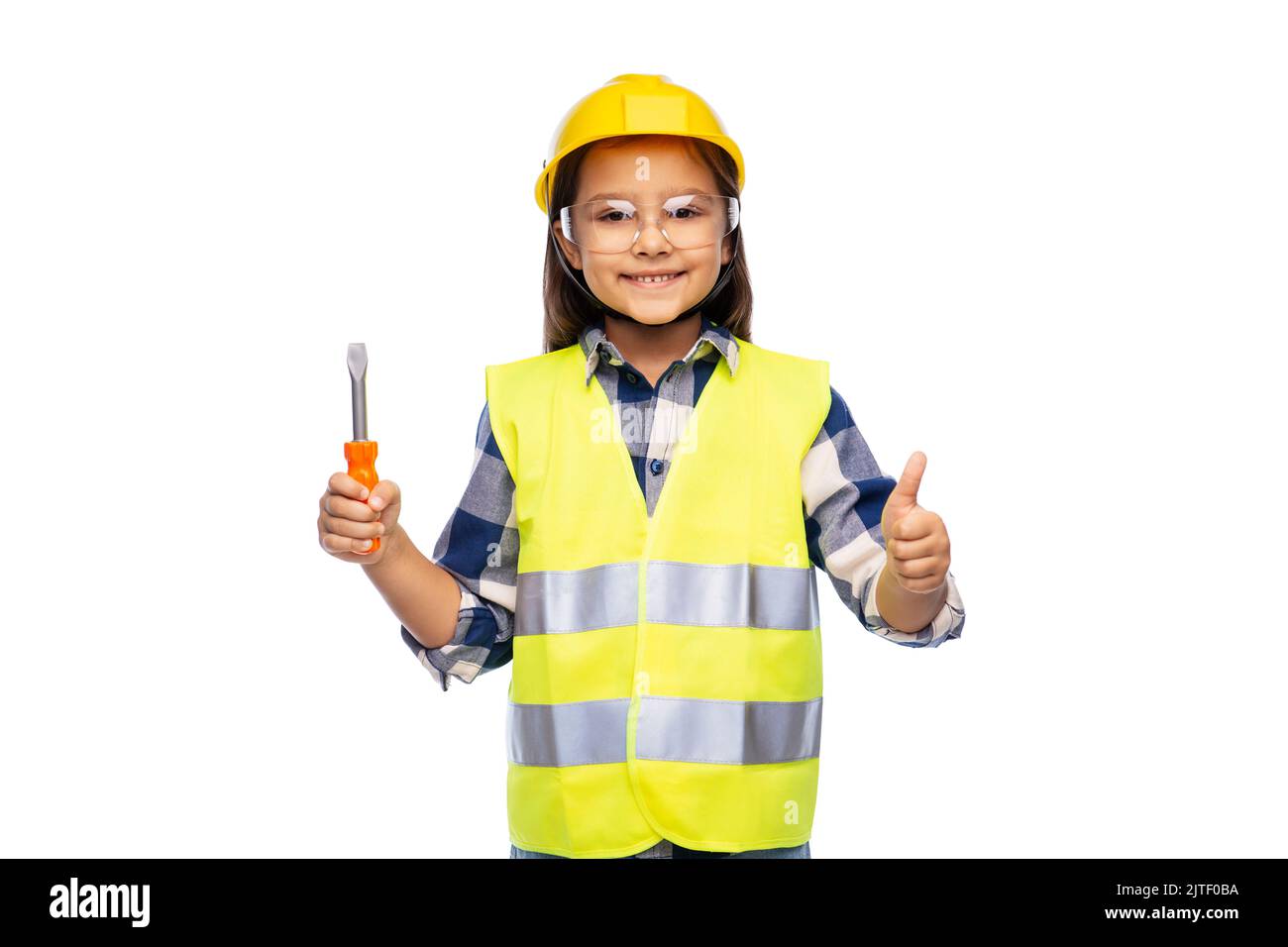 girl in helmet and safety vest with screwdriver Stock Photo - Alamy