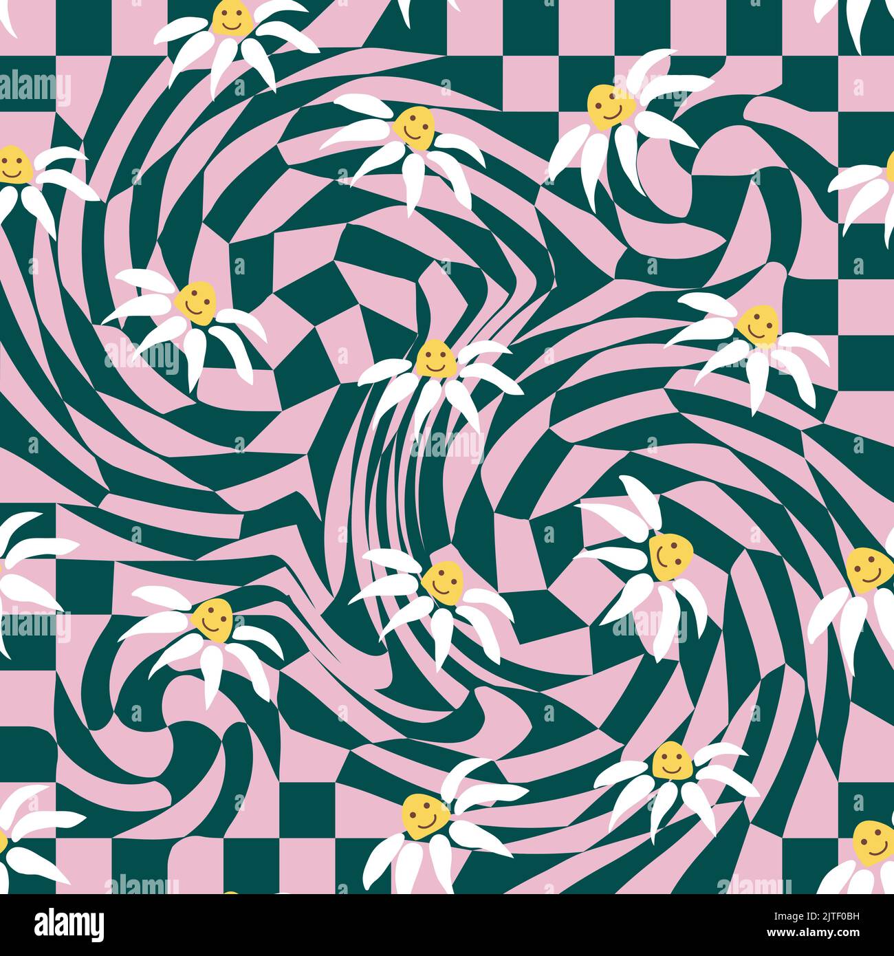 Retro Smile Chamomile Seamless Pattern on 1970 Wavy Swirl Pattern ...