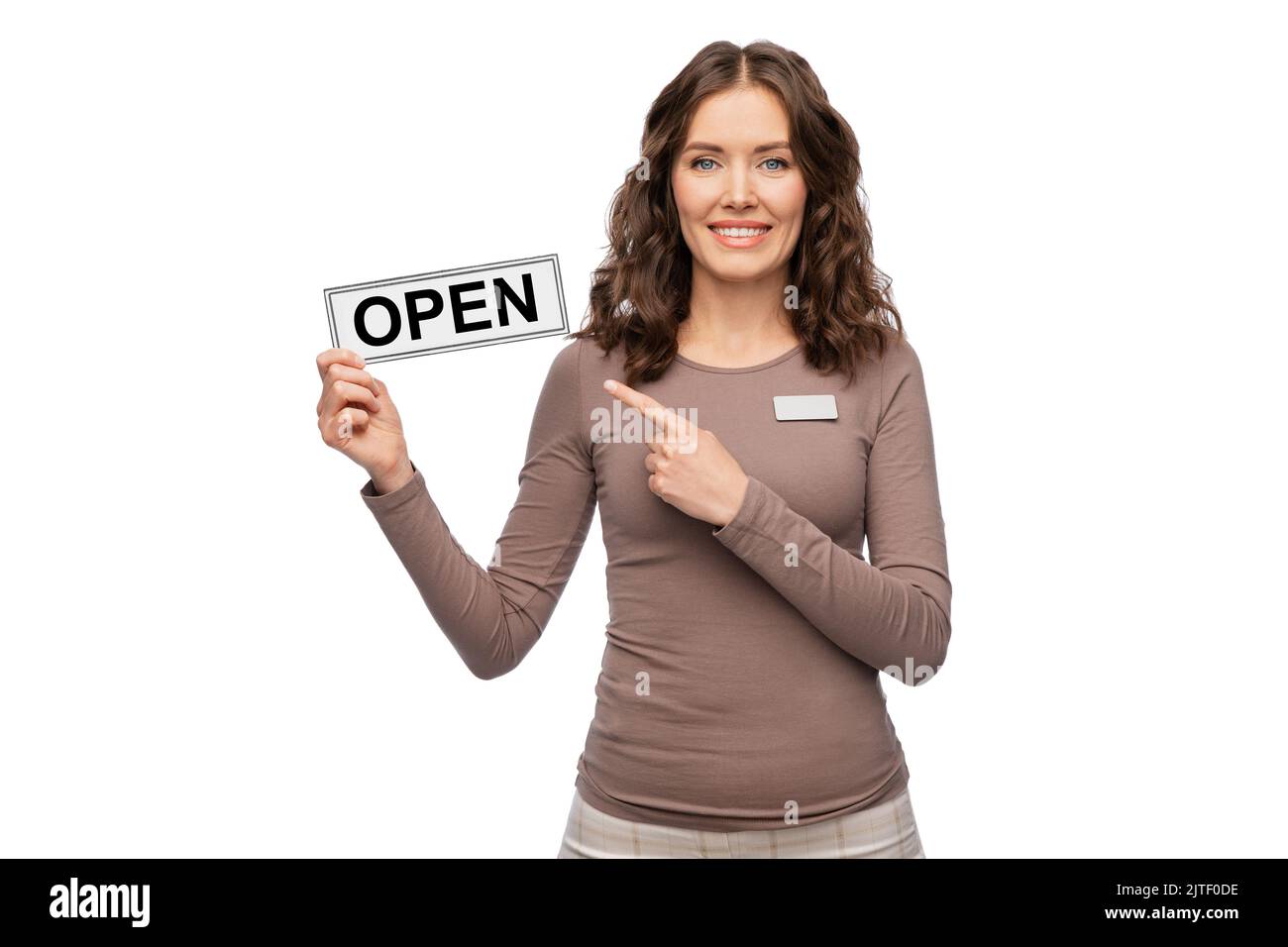 happy female shop assistant with open sign Stock Photo - Alamy