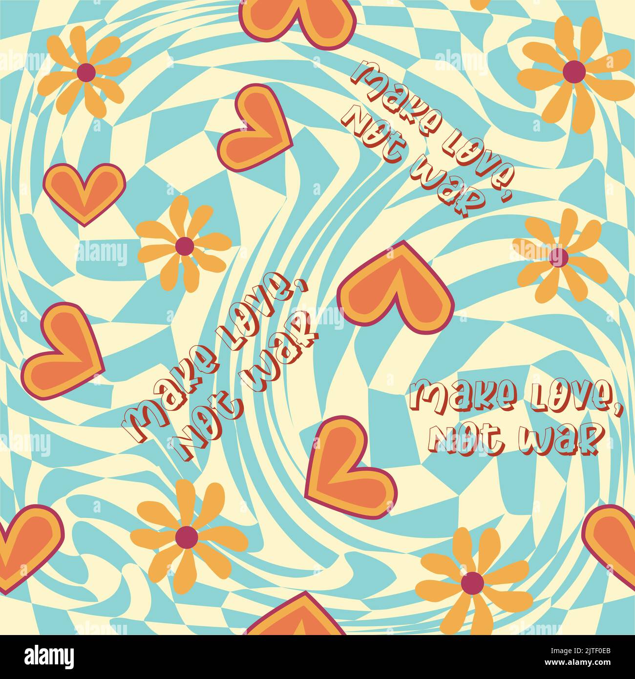 Love heart, daisies, waves of positivity retro 70s seamless pattern ...