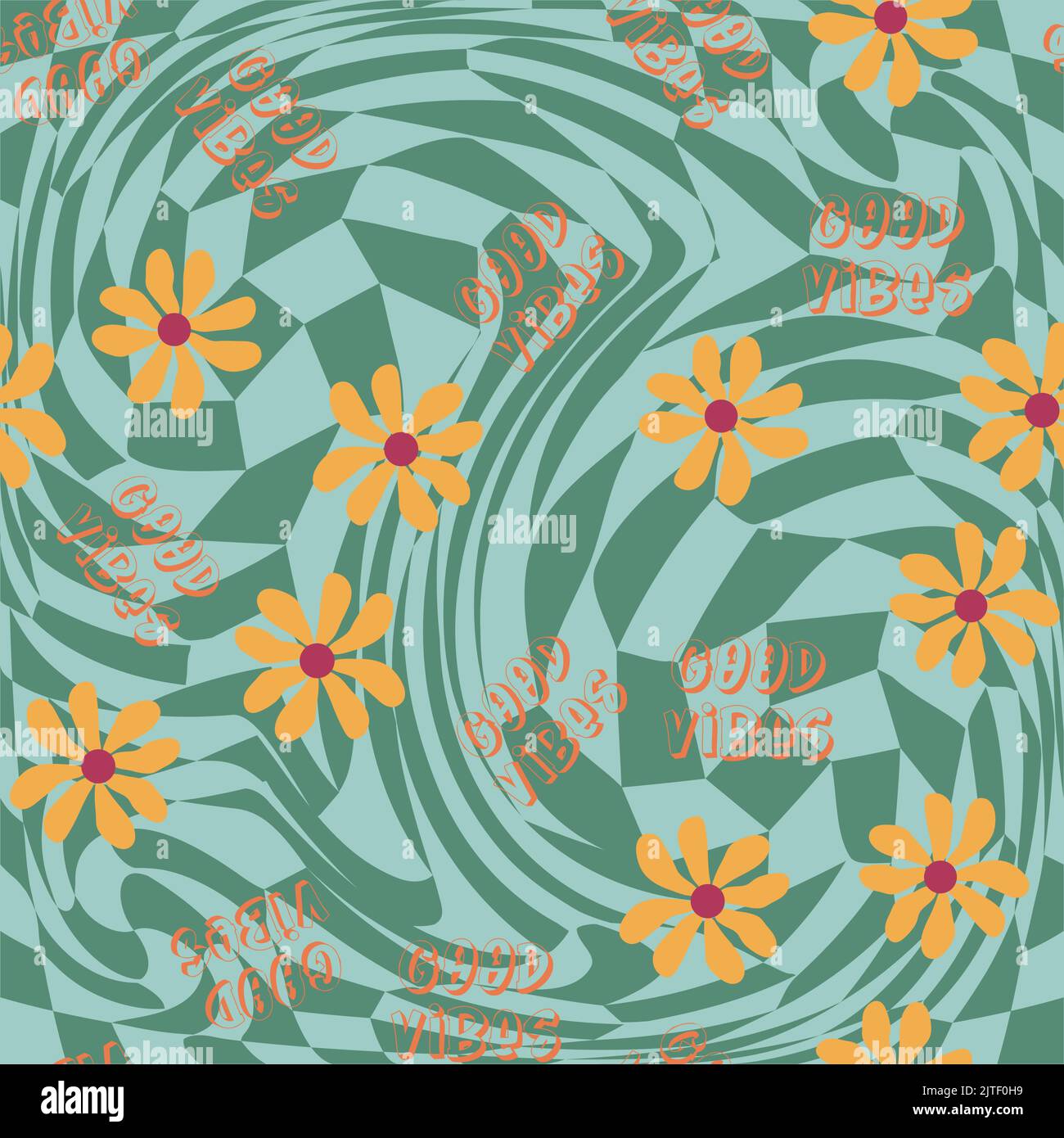 Love heart, daisies, waves of positivity retro 70s seamless pattern ...