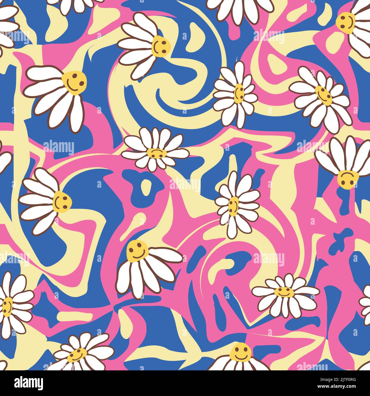 Retro Smile Chamomile Seamless Pattern on 1970 Wavy Swirl Pattern ...