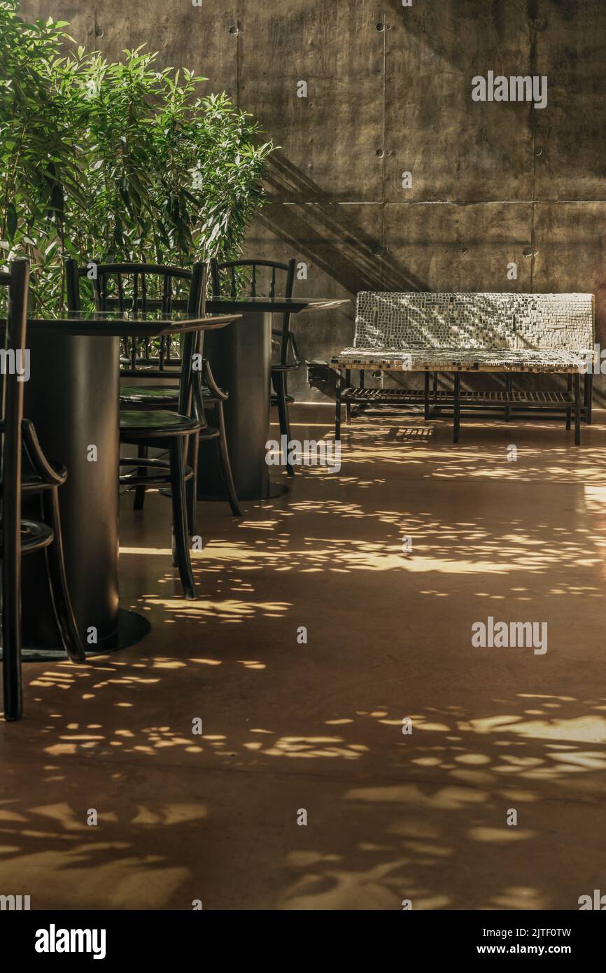 Beautiful summer view of a Empty cafe terrace at summer time with Black ...