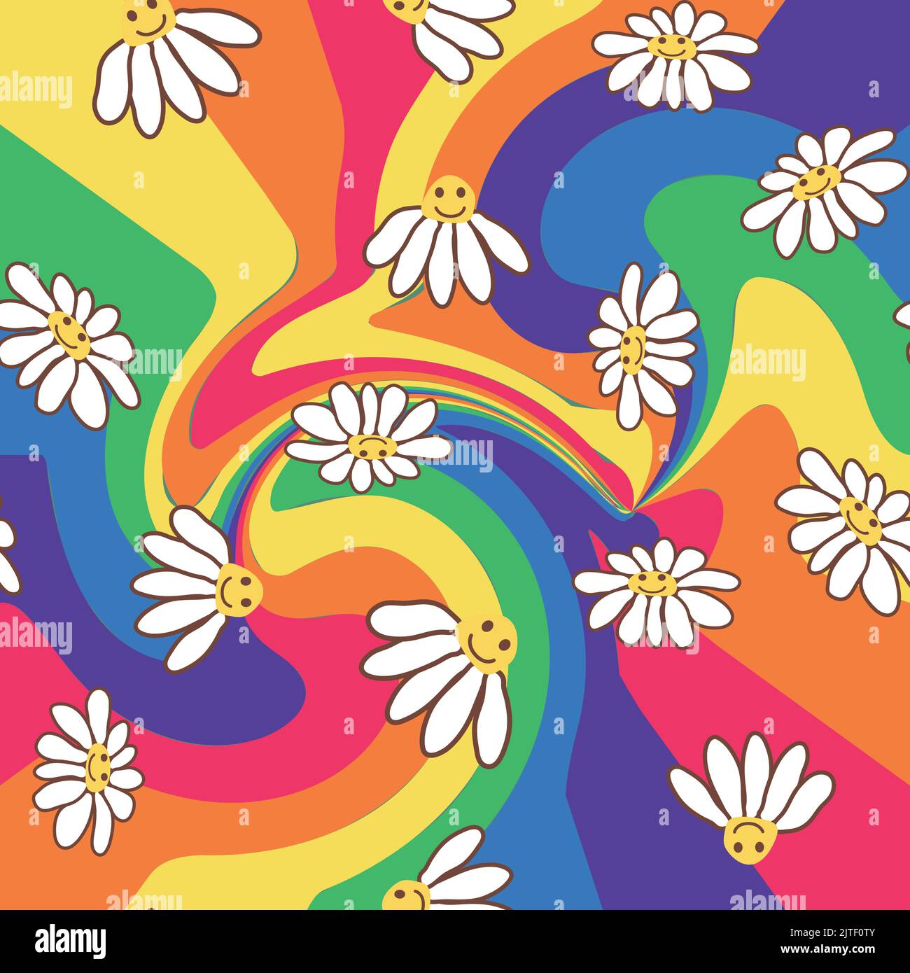 Retro Smile Chamomile Seamless Pattern on 1970 Wavy Swirl Pattern ...