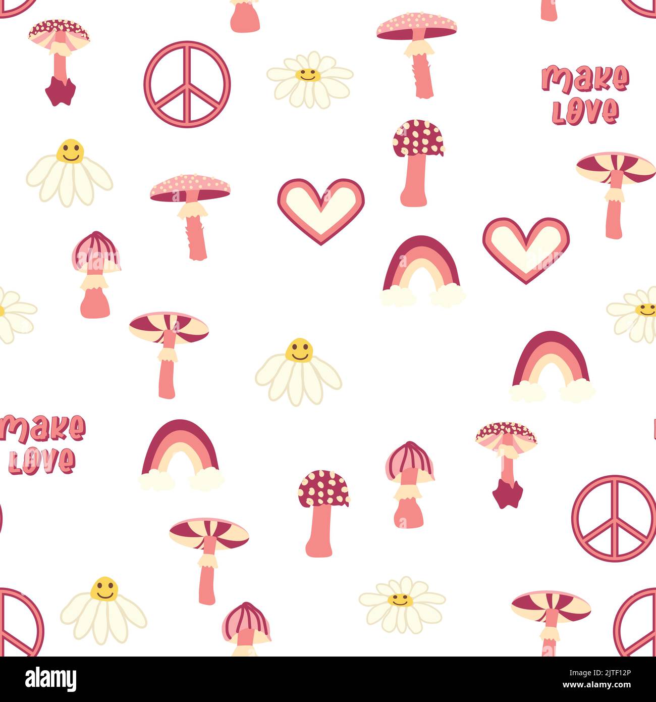 Love heart, peace symbol, rainbow retro 70s seamless pattern. Scattered ...