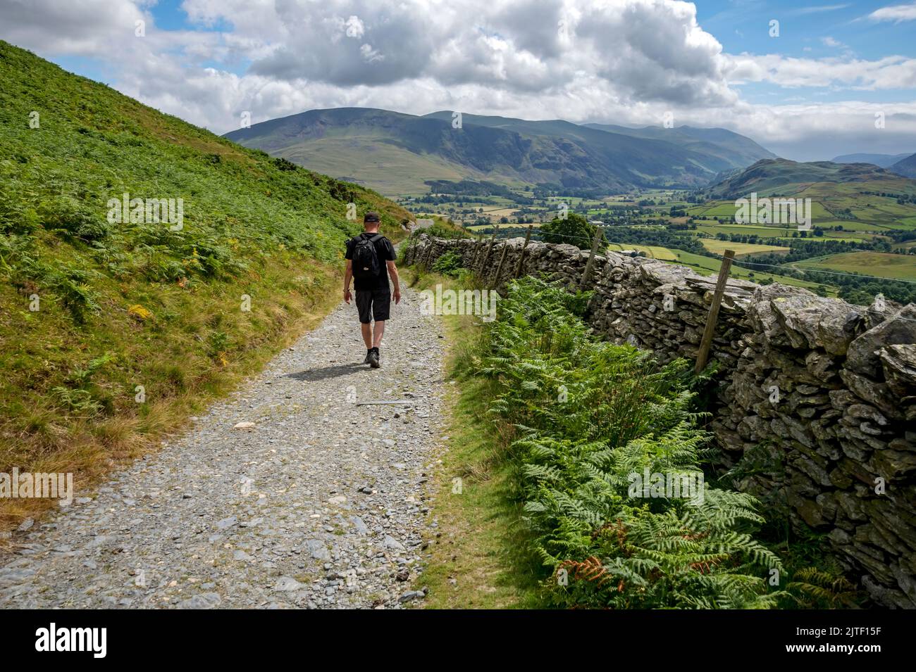 Man walker walking along path track down Blease Fell with Helvellyn ...