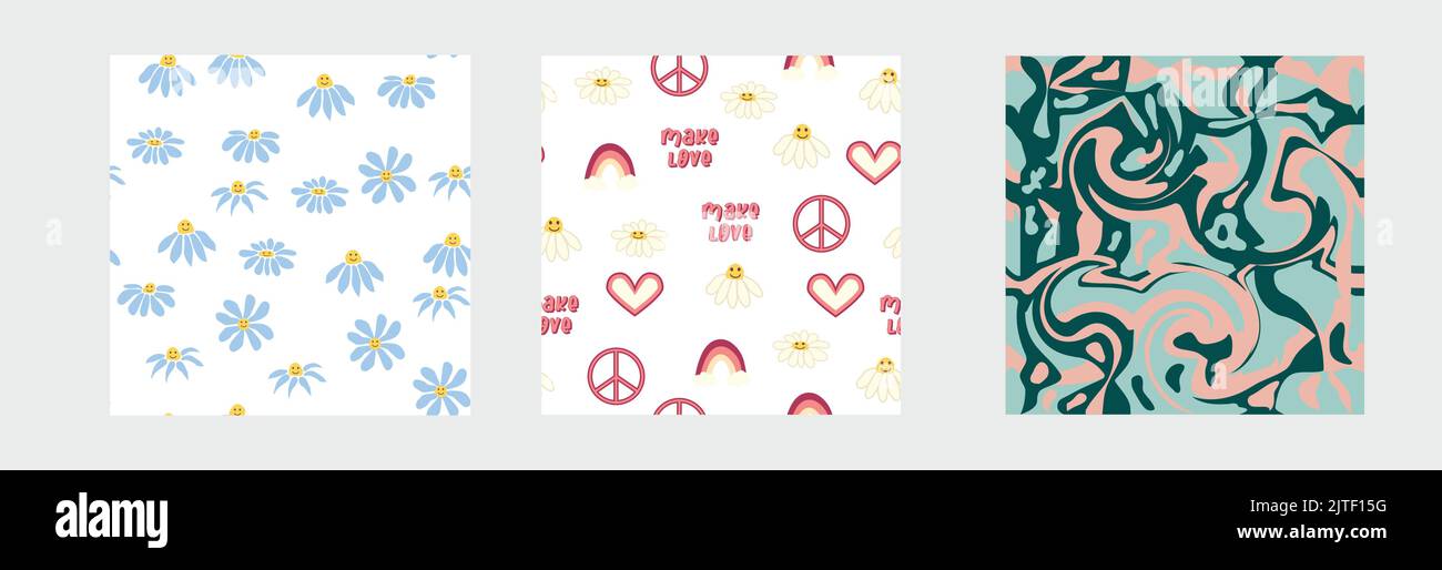 1970s Set of retro seamless pattern. Floral, swirl, mushrooms, peace ...