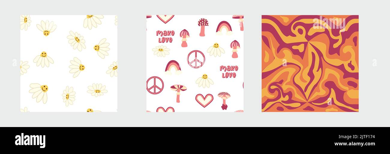 1970s Set of retro seamless pattern. Floral, swirl, mushrooms, peace ...