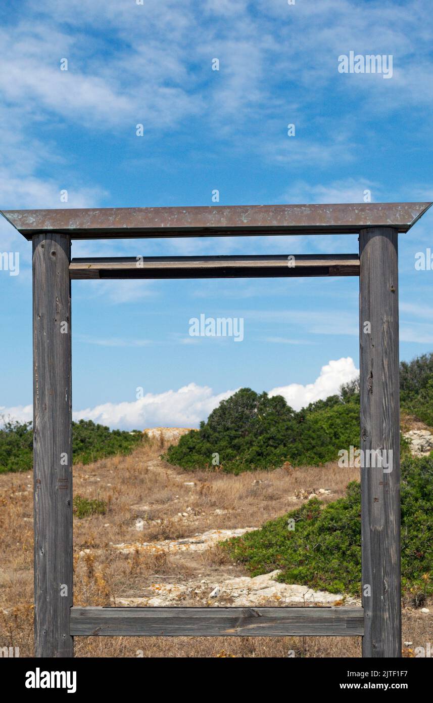 empty wooden billboard in the mediterranean scrubland, San Nicola ...