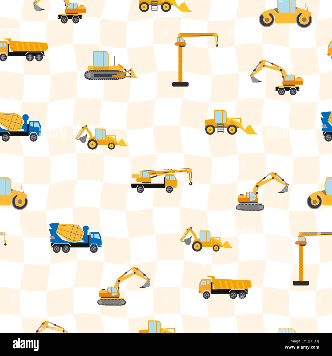 Cute childish seamless pattern with yellow car dump truck, crane ...