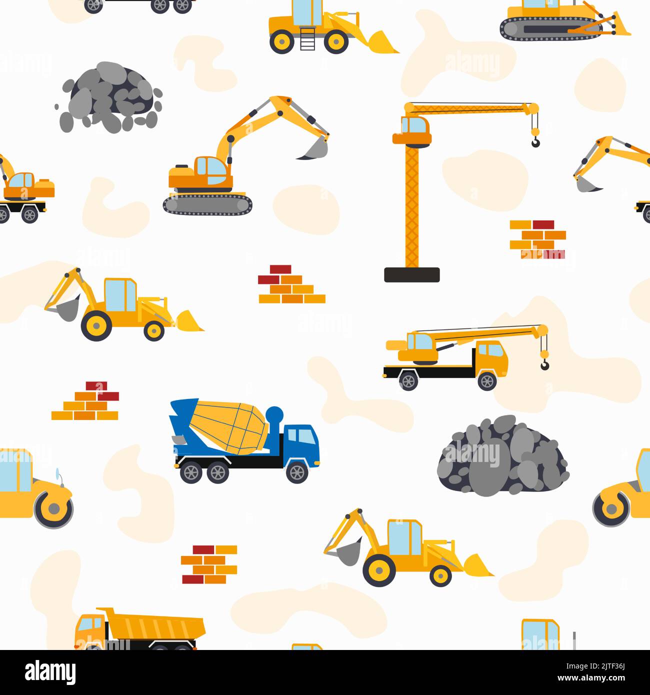 Cute childish seamless pattern with yellow car dump truck, crane ...