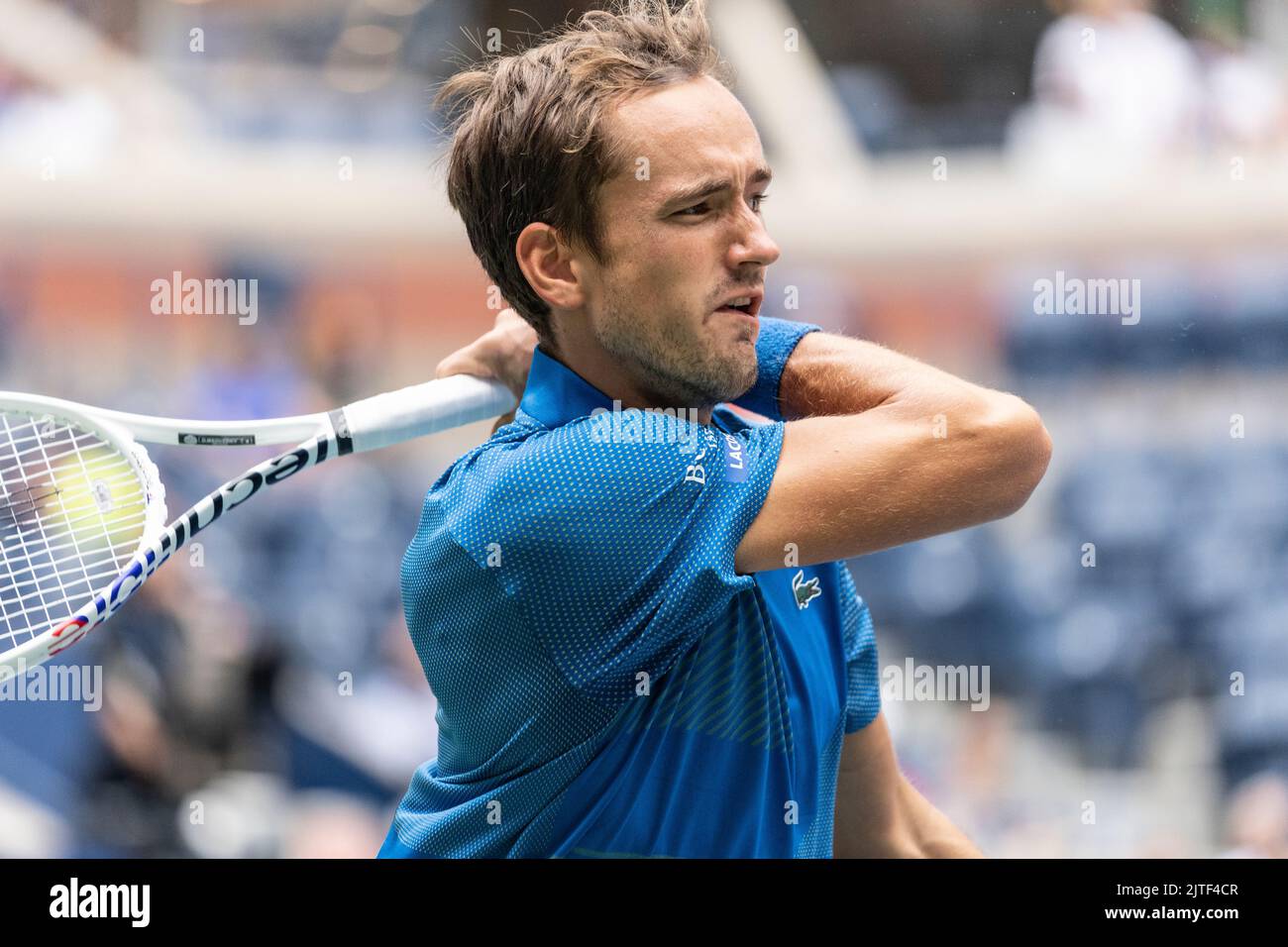 New York, NY - August 29, 2022: Daniil Medvedev returns ball during 1st ...