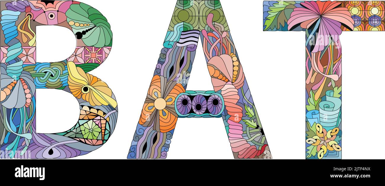 Hand-painted art design. Hand drawn illustration word BAT for t-shirt ...