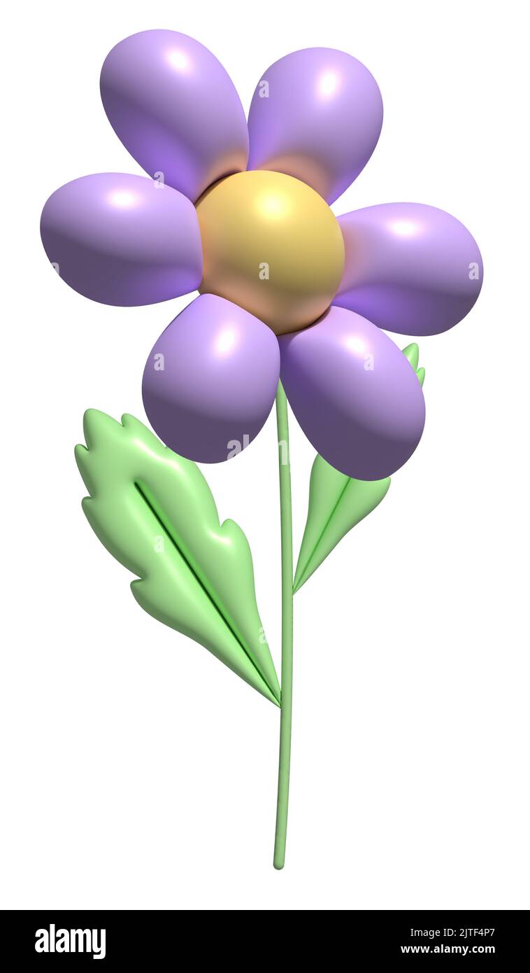 3d daisy flower in cartoon style. Cute purple chamomile with leaves. 3d ...