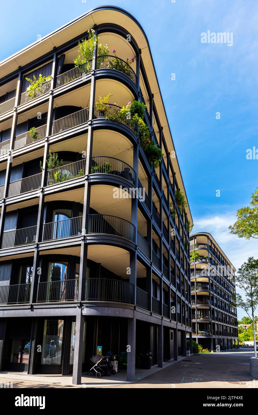 Modern residential buildings Riva, Rhine promenade in Basel city centre ...