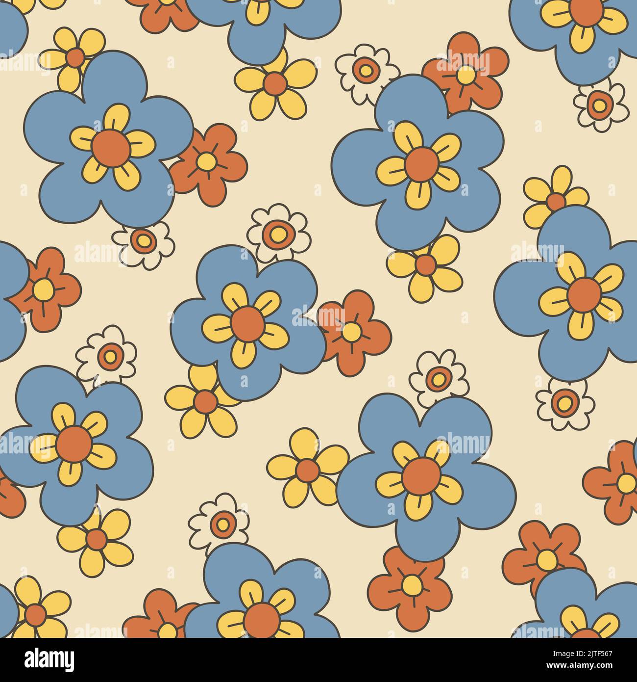Colorful Medium Scale Hand-Drawn Floral Daisies Vector Seamless Pattern ...