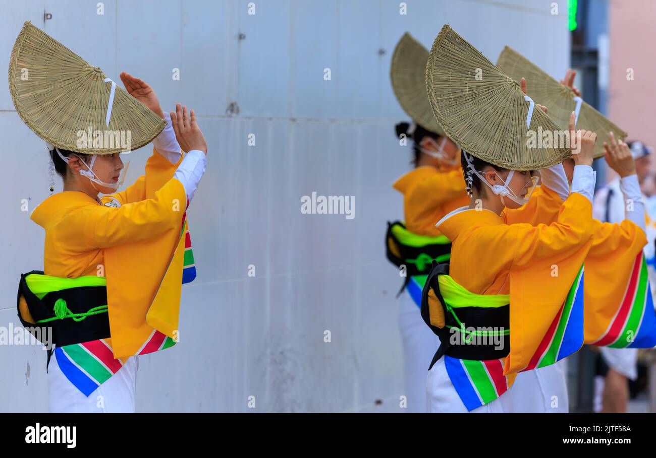 Tokushima, Japan - August 12, 2022: Dancers wearing colorful kimonos ...