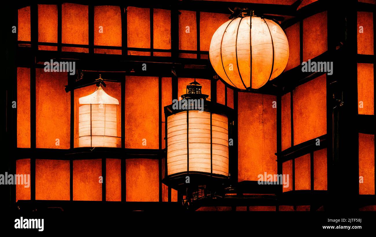 Japanese lanterns in front of traditional paper door style background ...