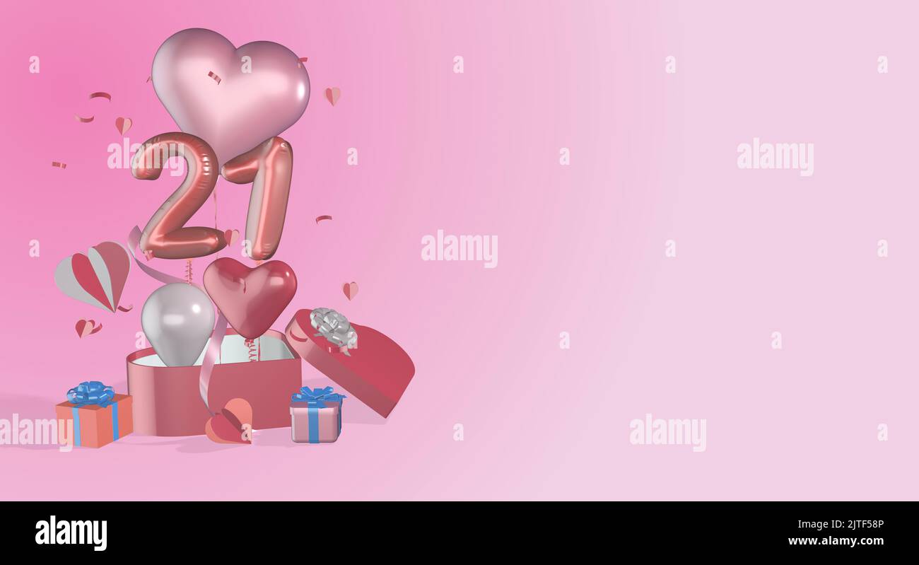 3D rendered 21st birthday background gift boxes heart balloons ribbon ...