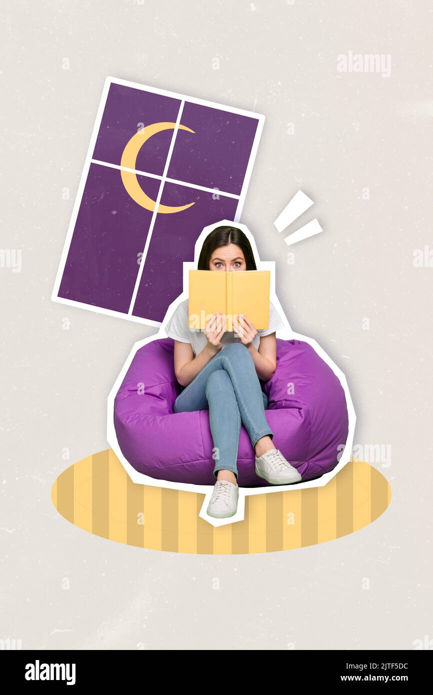 Vertical creative collage image of pretty girl student sit beanbag read book late night cover ...