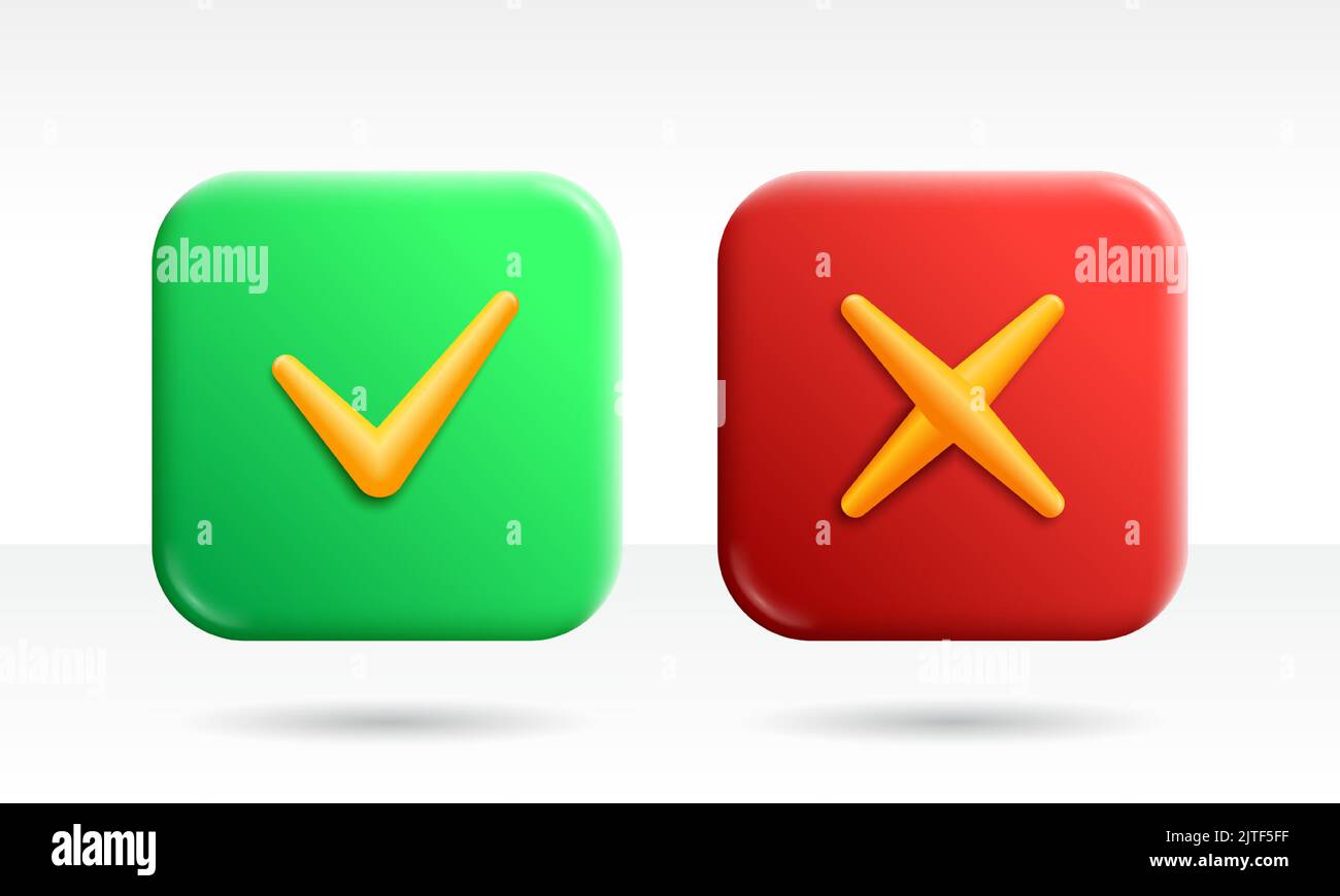 Accept and reject vector 3d render buttons. Tick check and cross marks on green and red app icon ...