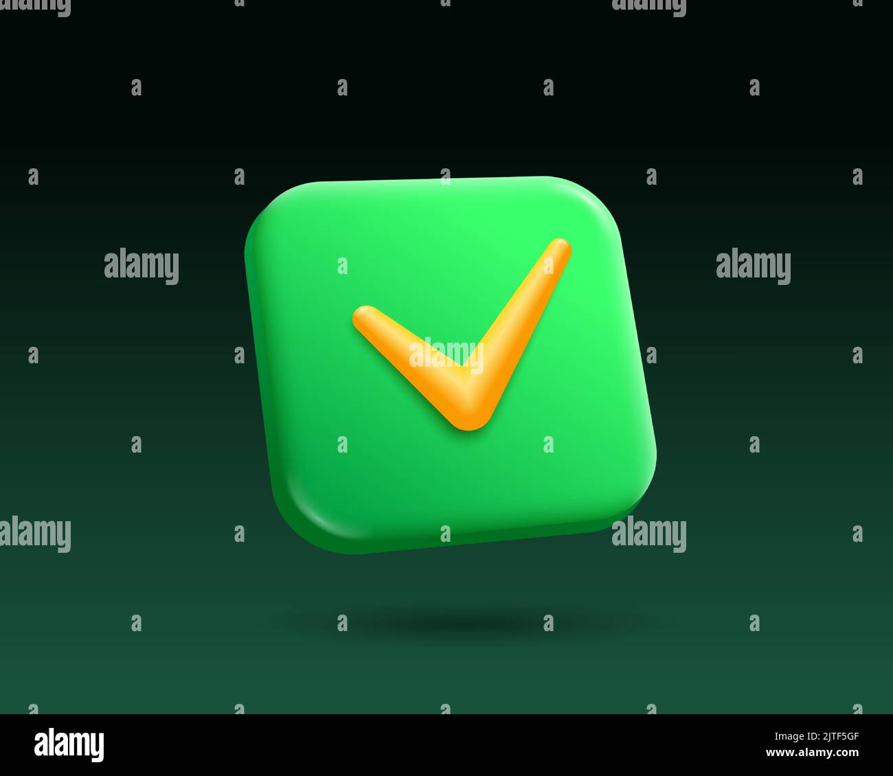 Accept tick check mark vector 3d render button. Green gradient app icon background. Perspective ...