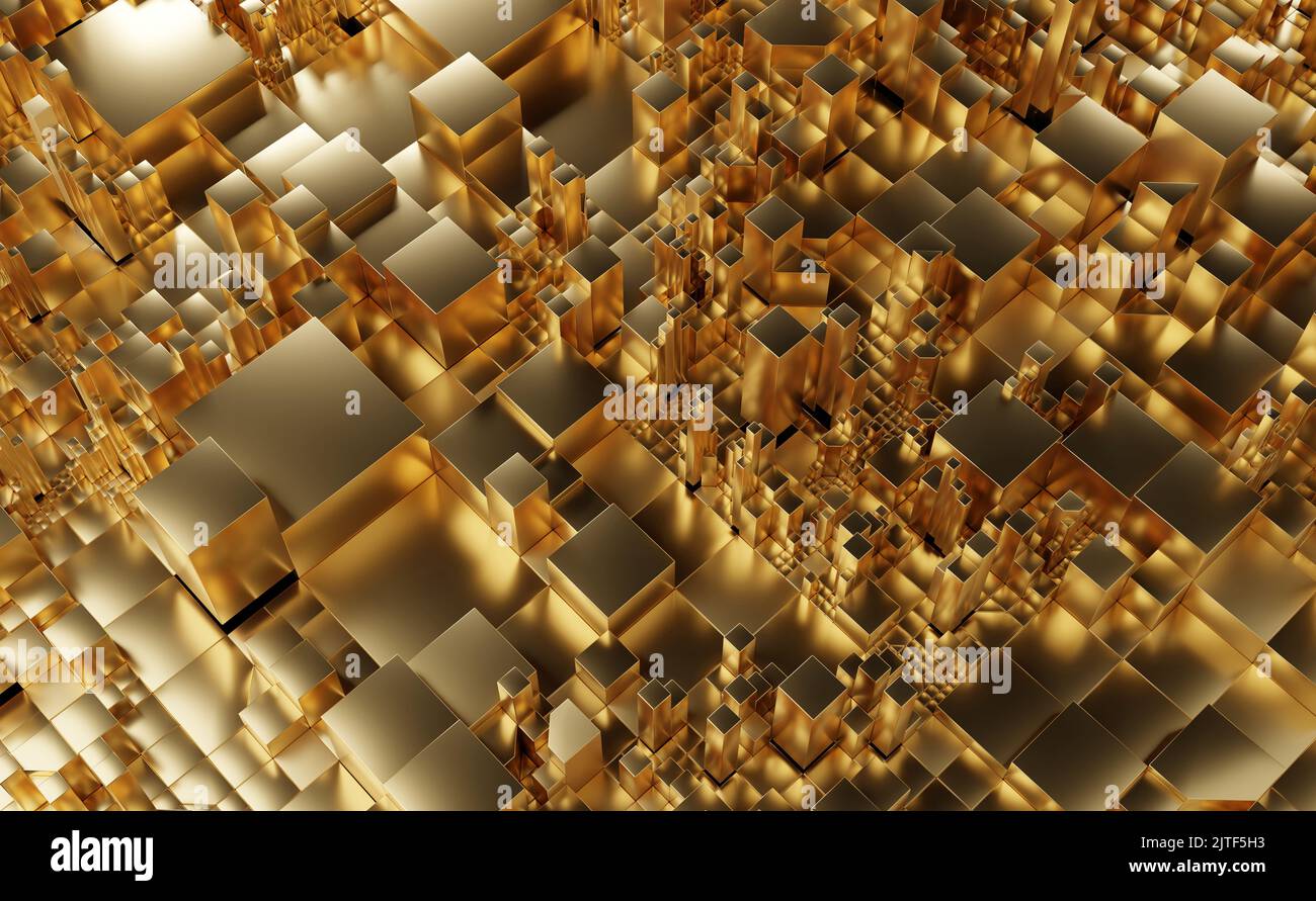 3D gold cubes metal pattern background. Shiny yellow color metal ...