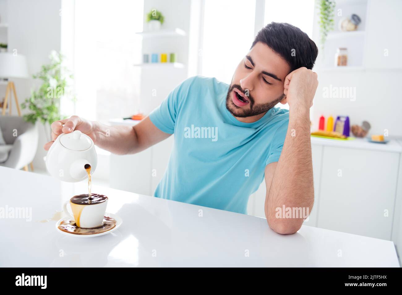 Portrait of sleepy exhausted young person closed eyes yawn arm hold ...