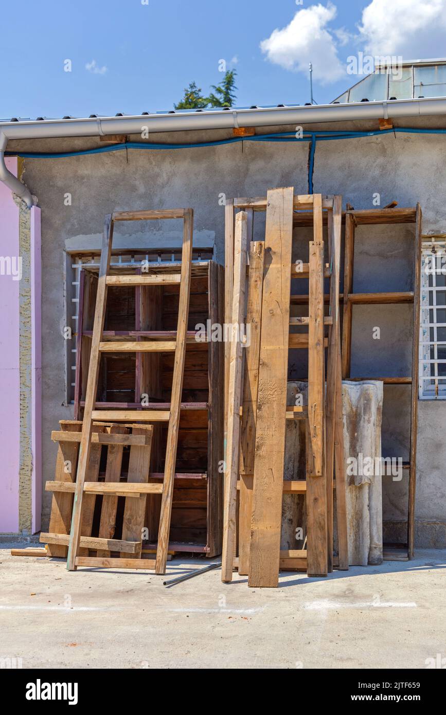 Used Wood Planks Ladder Pallet Reclaimed Building Material Stock Photo ...