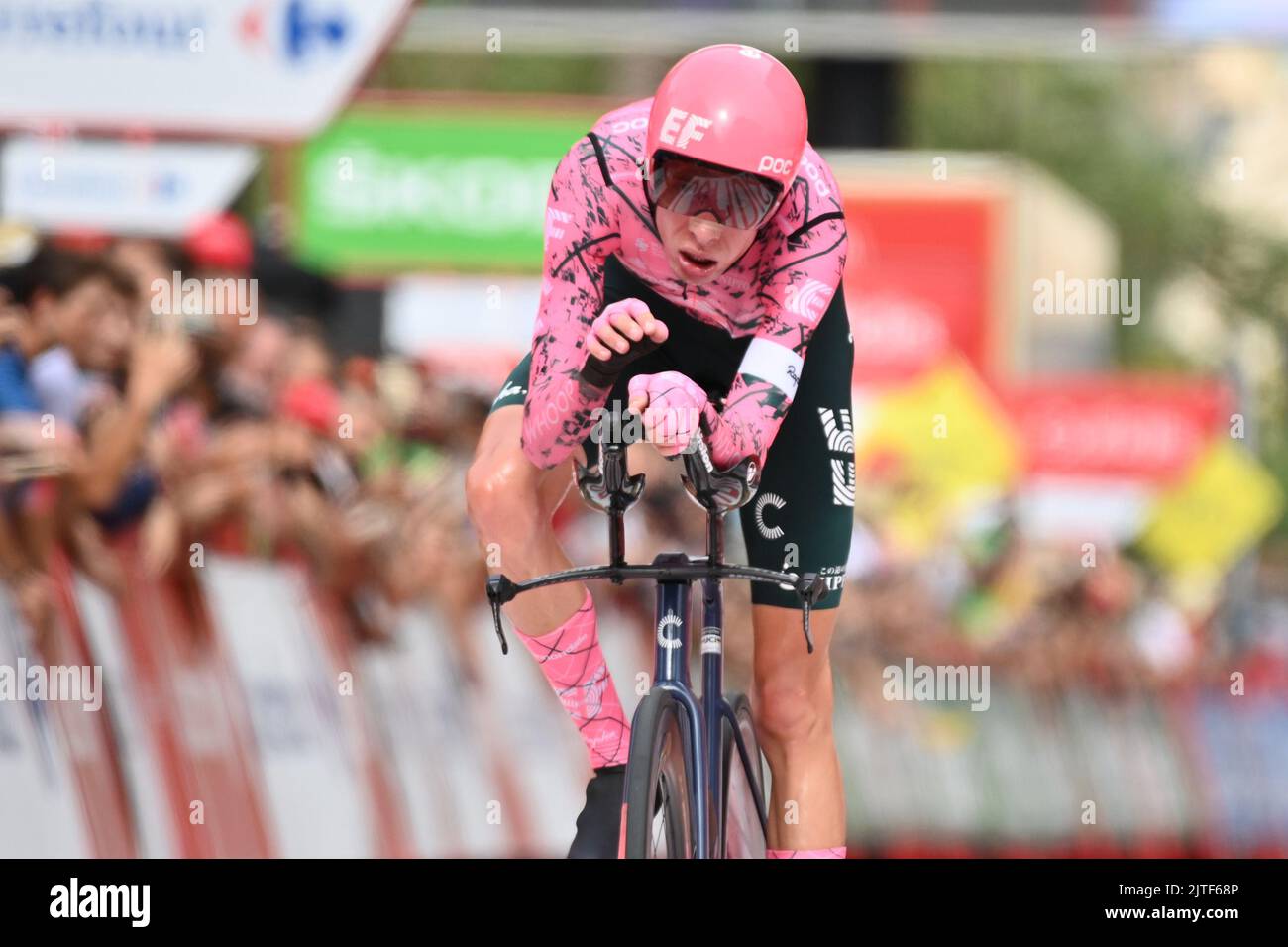 British Hugh Carthy of EF Education-EasyPost crosses the finish line of ...