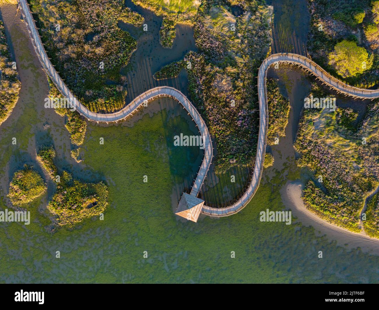 Top view of sea with wooden walkway - Aerial top view of wooden bridge pathway over marshy river ...