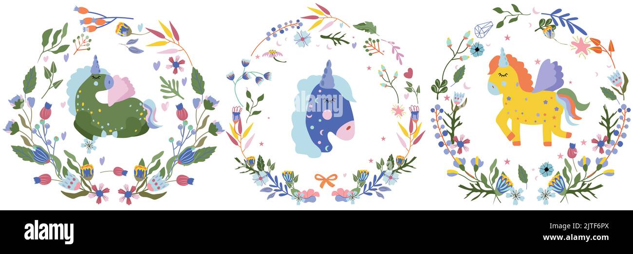 Cute Unicorns with colorful flowers and leaves around. Magical horses ...