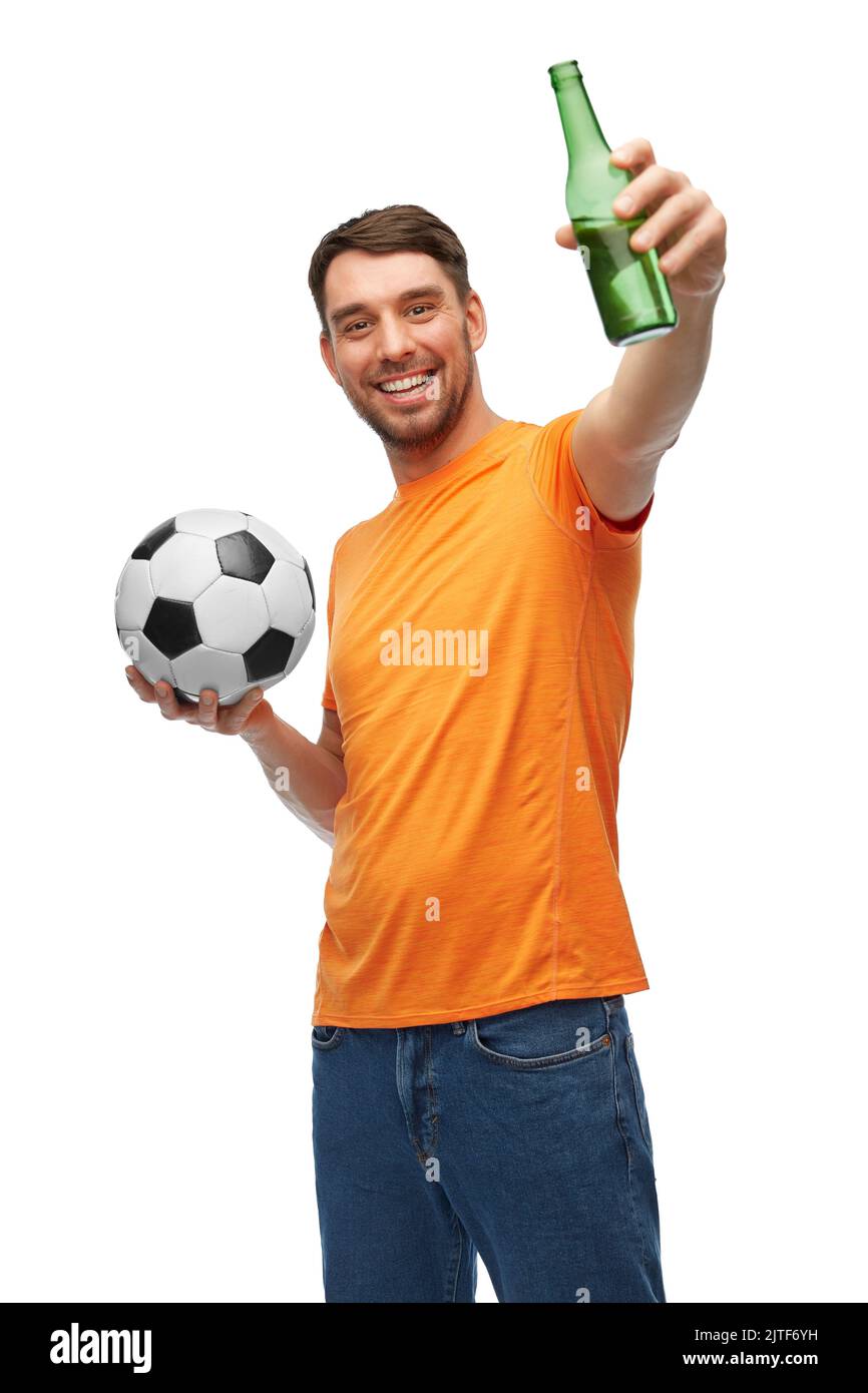 happy football fan with soccer ball and beer Stock Photo - Alamy