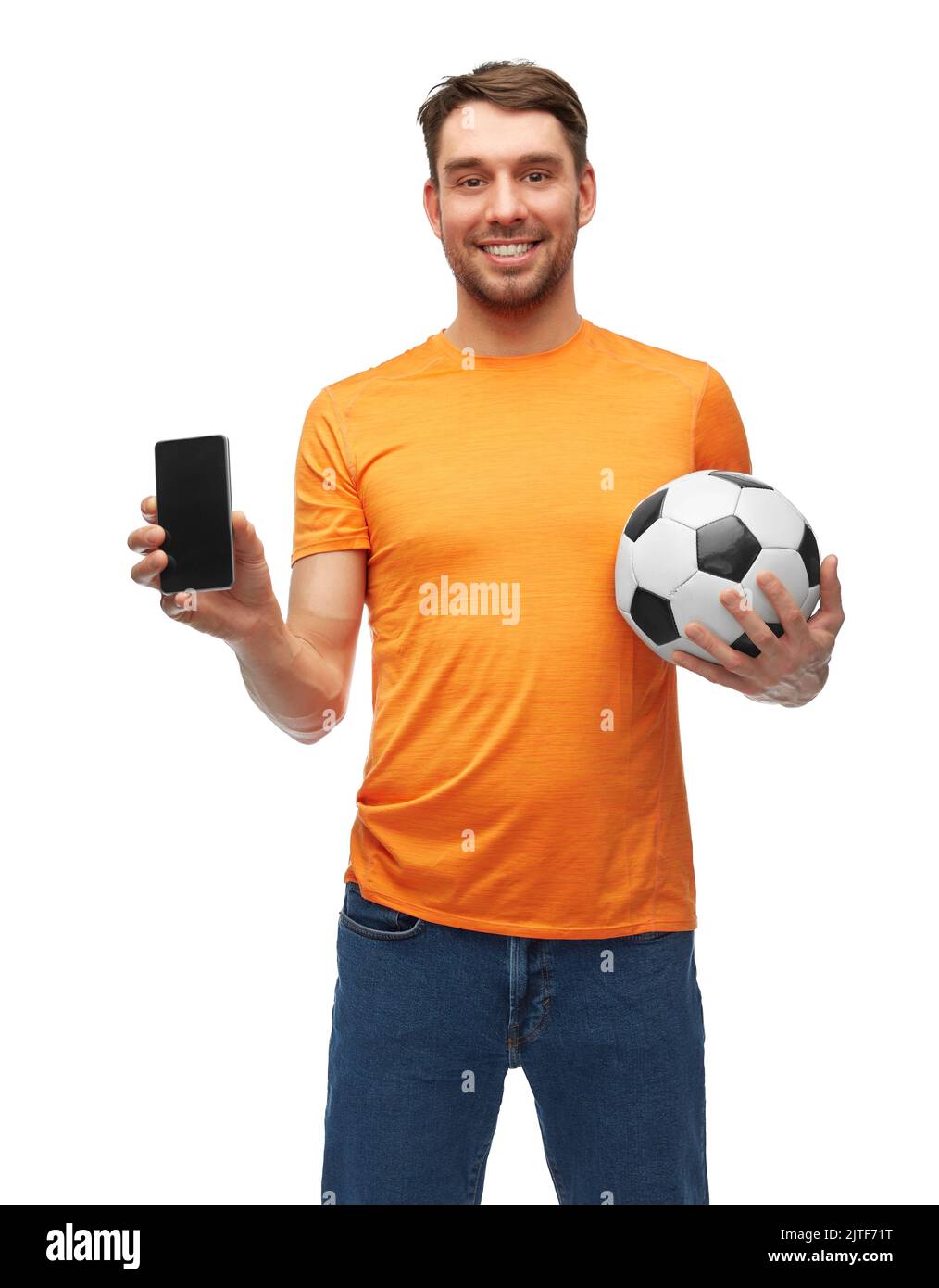 male football fan with smartphone and soccer ball Stock Photo - Alamy