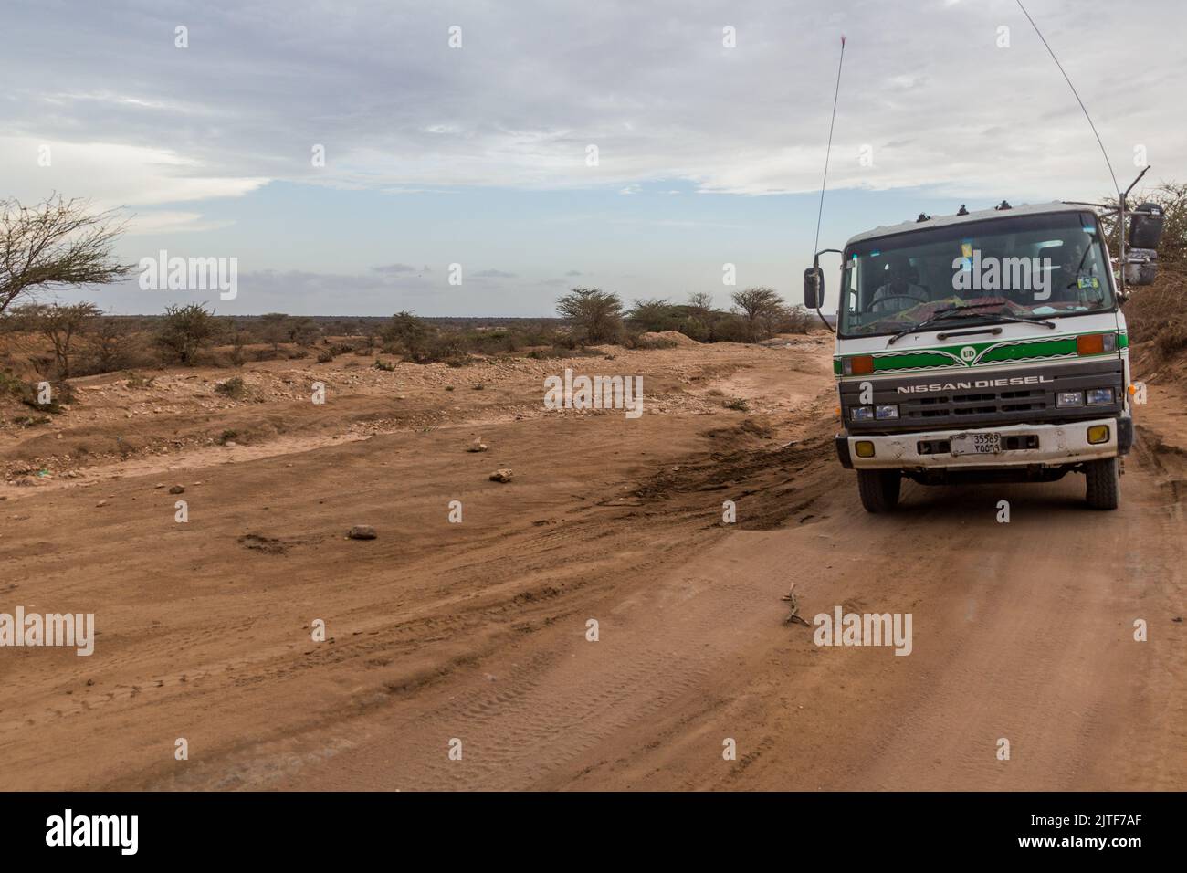 SOMALILAND - APRIL 16, 2019: Truck on a sandy road in western ...