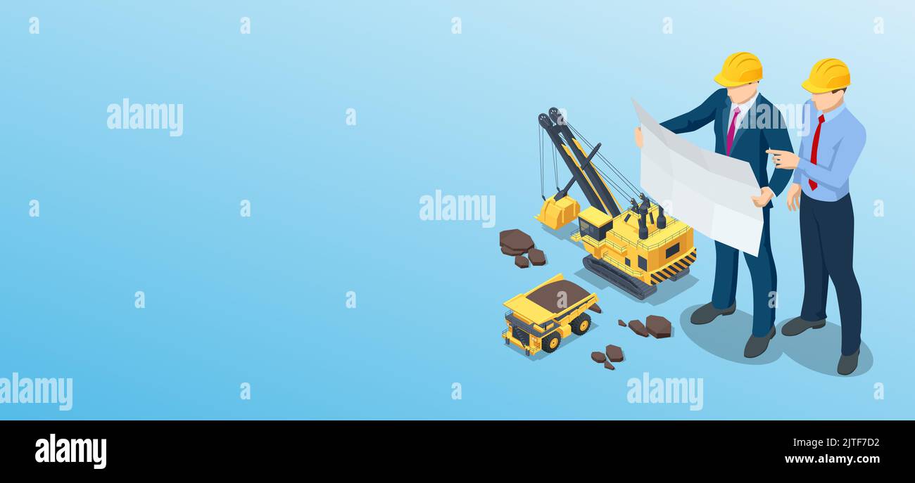 Isometric mining quarry, mine with large quarry dump truck and power ...