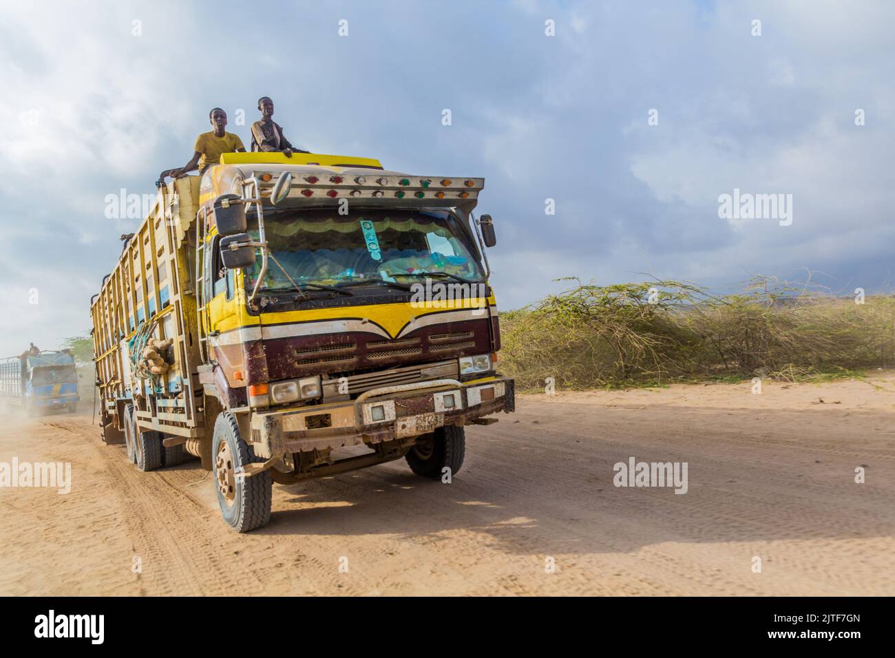 WESTERN SOMALILAND - APRIL 17, 2019: Trucks in the desert of western ...