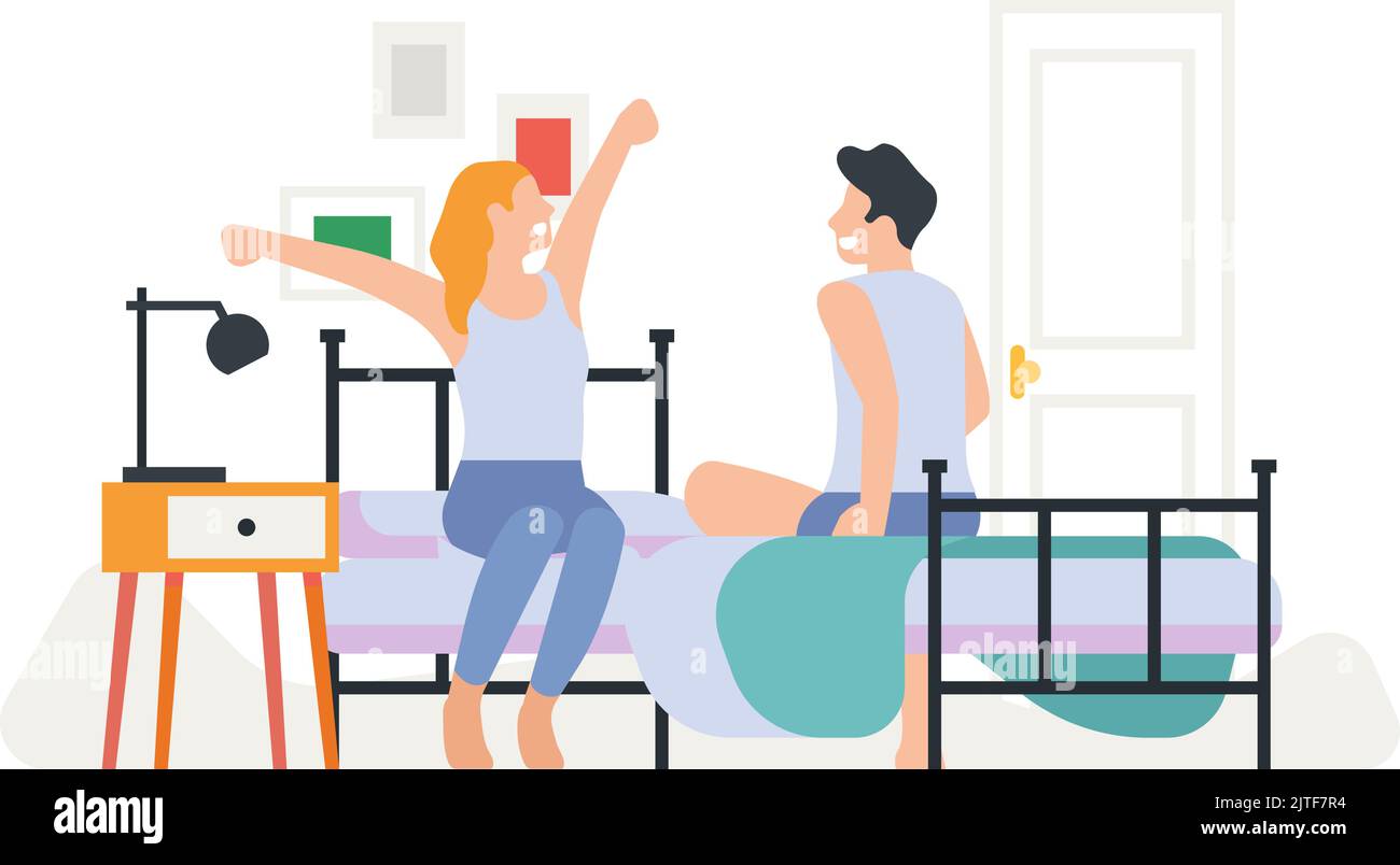 Couple daily routine. Everyday activity. Guy and girl living together. Morning wake up. Man and ...